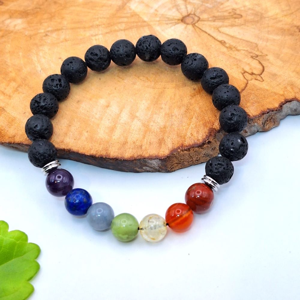 Chakra & Lava Stone (Stainless) Bracelet 8mm | Azul Crystals